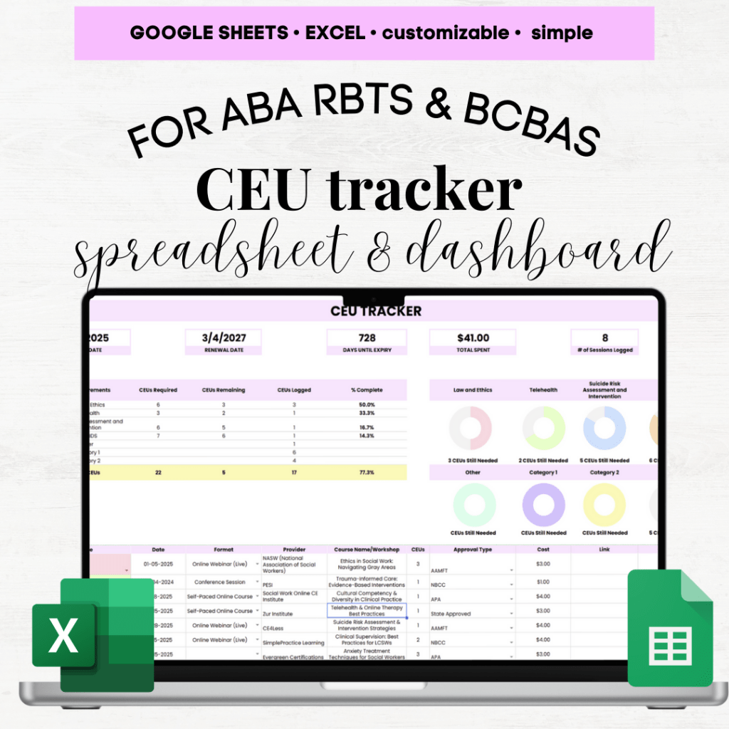 CEU Tracker, CEU log, aba rbt bcba, continuing education tracker, rbt ...
