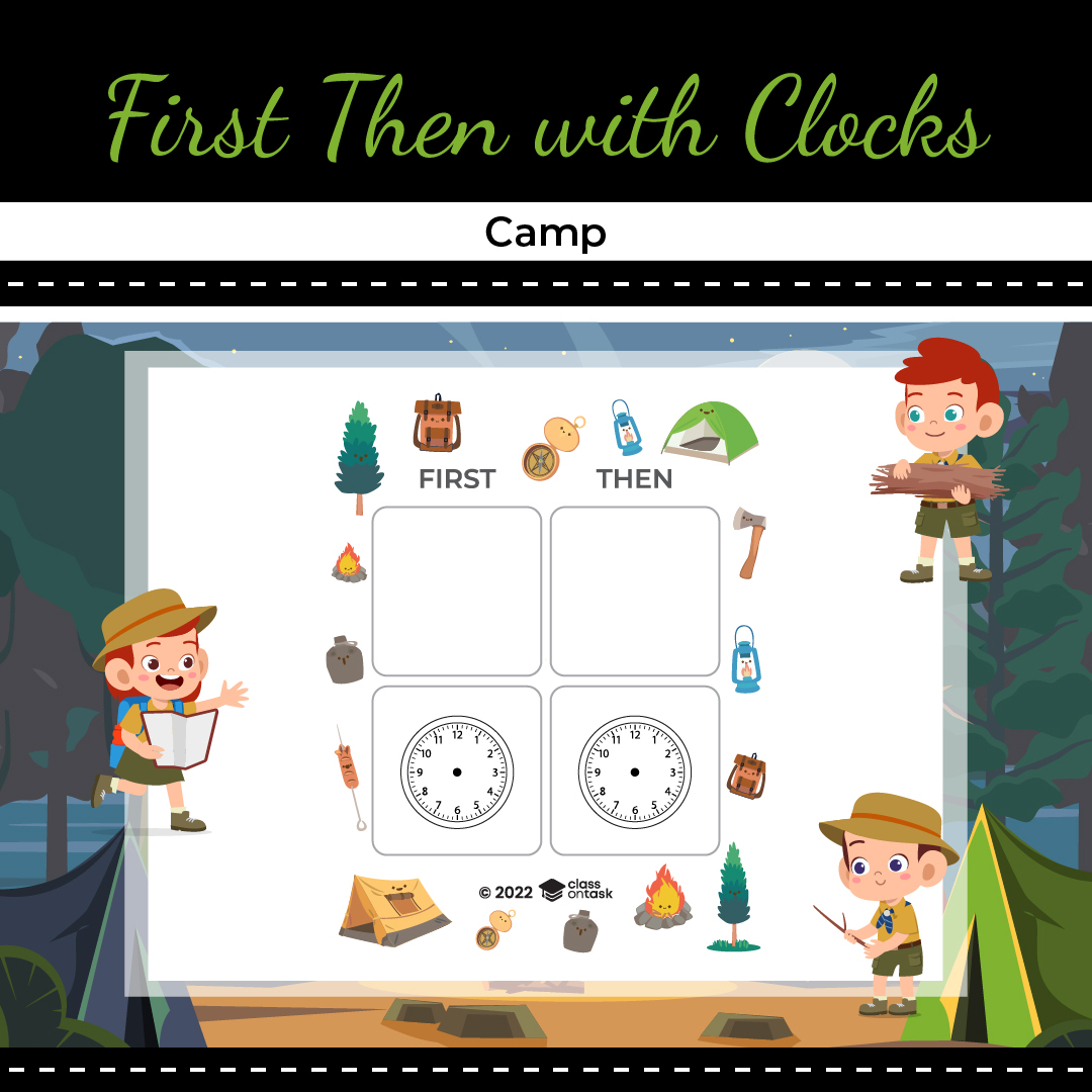 First, Then Board with Clocks – Camp Theme – Behavior Analyst Resource ...