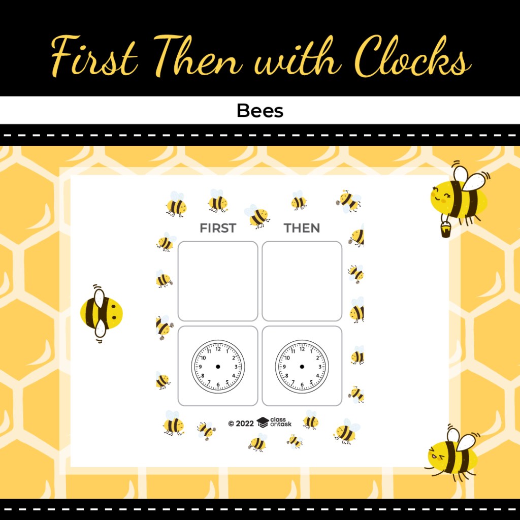 First, Then Board with Clocks – Bee Theme – Behavior Analyst Resource Center