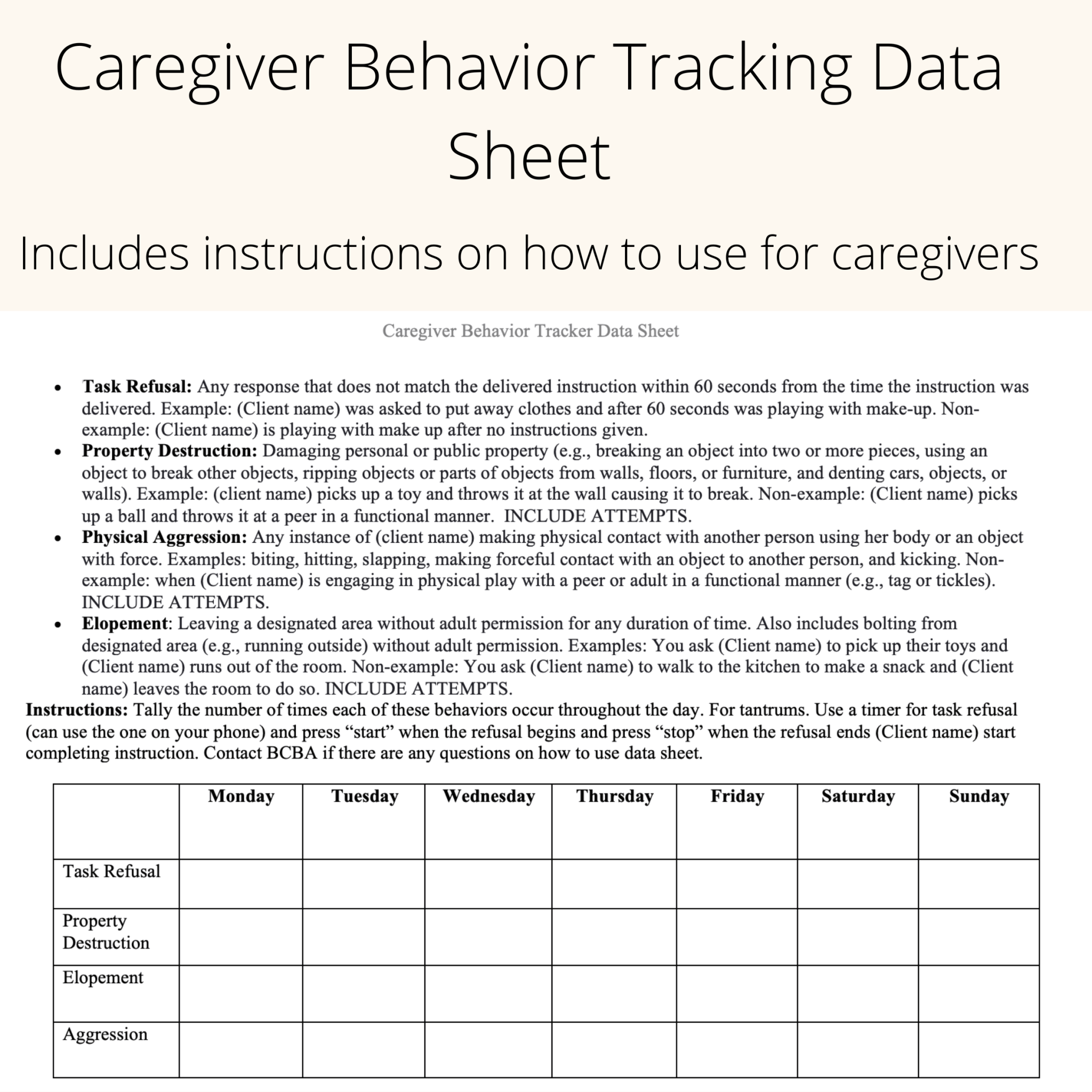 Caregiver Behavior Tracking Data Sheet – Behavior Analyst Resource Center