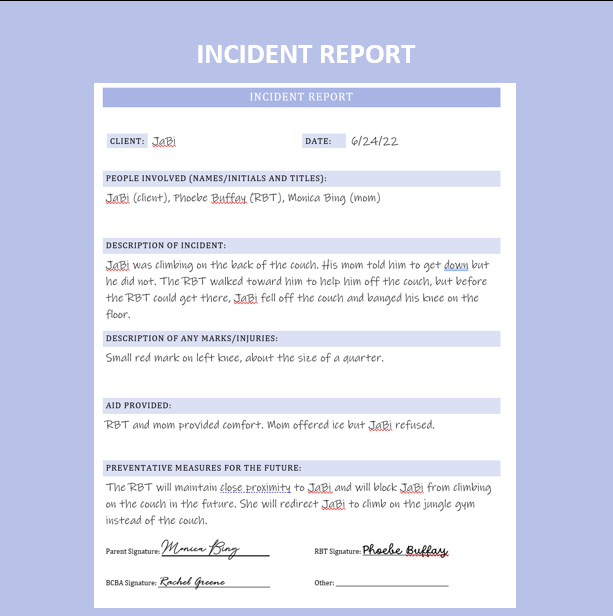 Incident Report – Behavior Analyst Resource Center