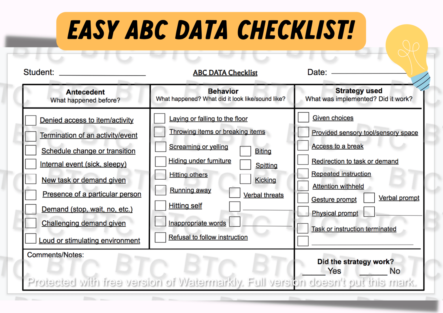 ABC Data Checklist for Behavior Assessment and Observation for Behavior ...