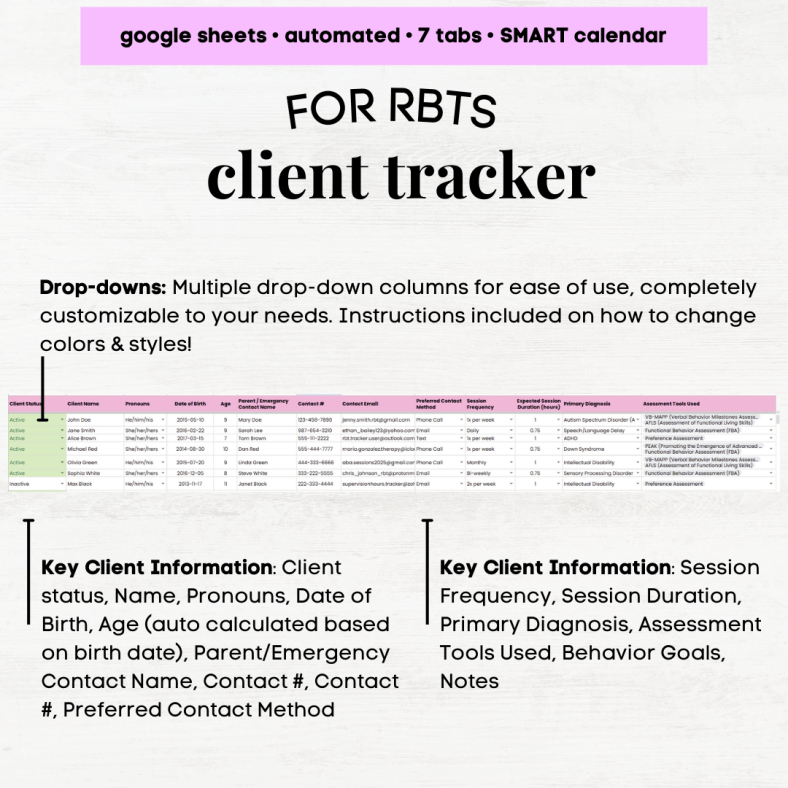 RBT Supervision Hours Tracker | RBT All in One Tool | Customizable | Client, Session, Schedule ...