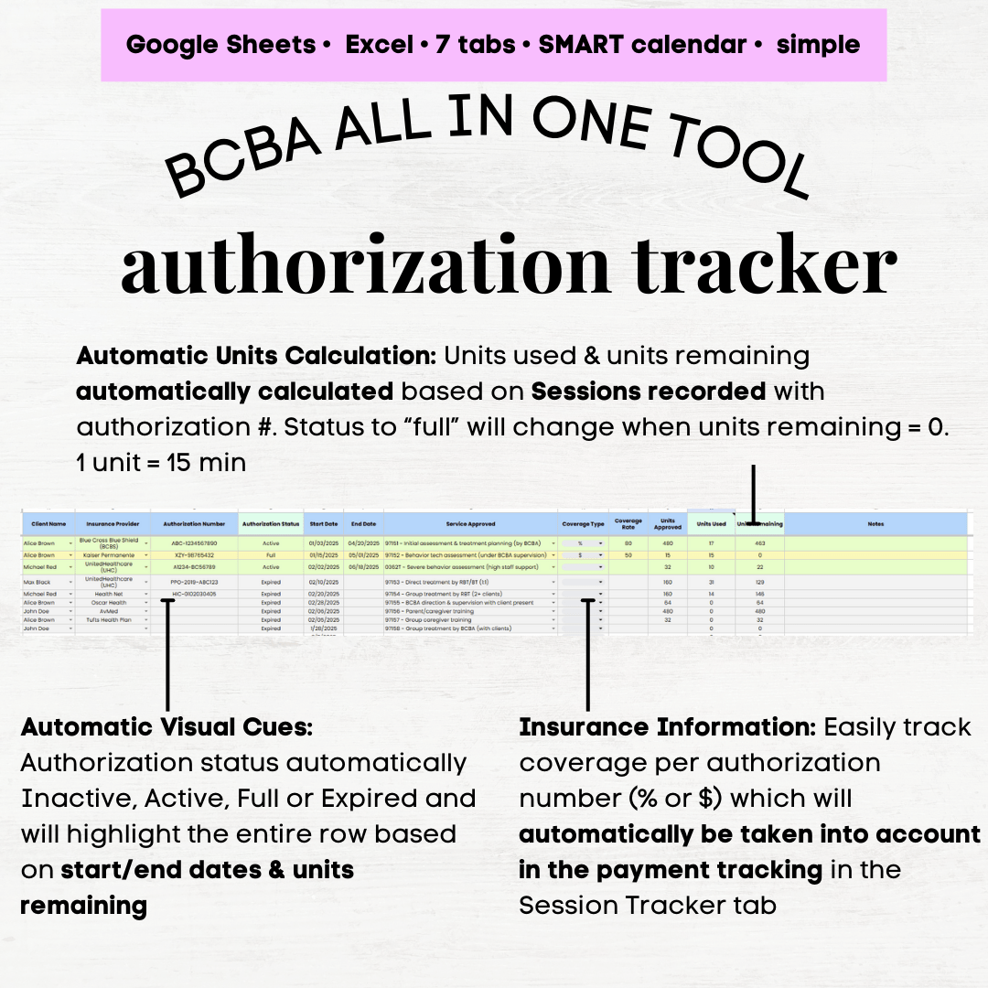 BCBA All in One Spreadsheet – Track authorization, sessions, clients ...