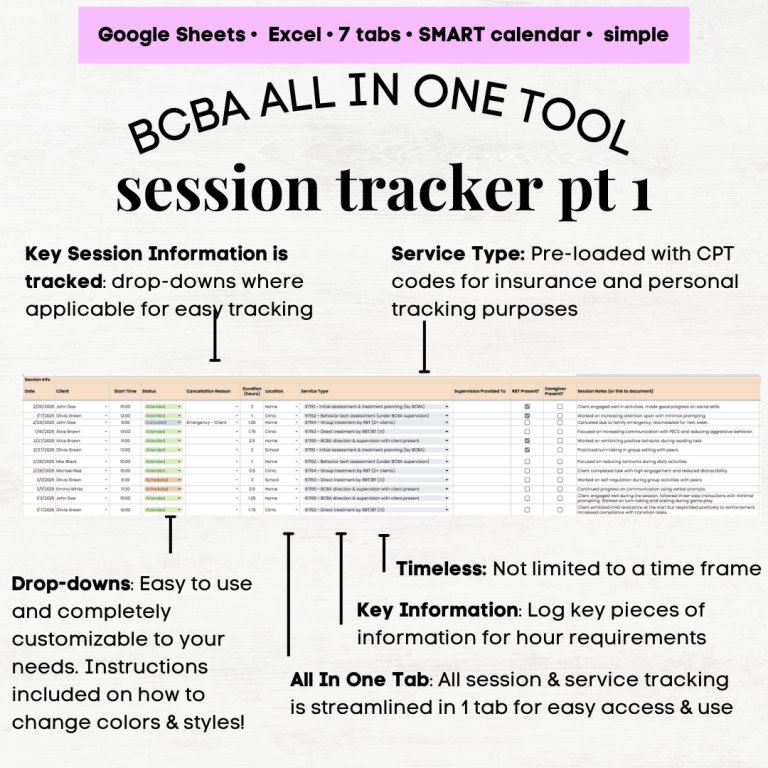 BCBA All in One Spreadsheet – Track authorization, sessions, clients ...