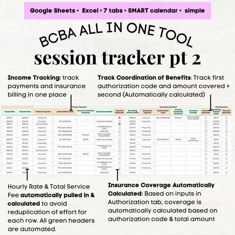 BCBA All in One Spreadsheet – Track authorization, sessions, clients ...