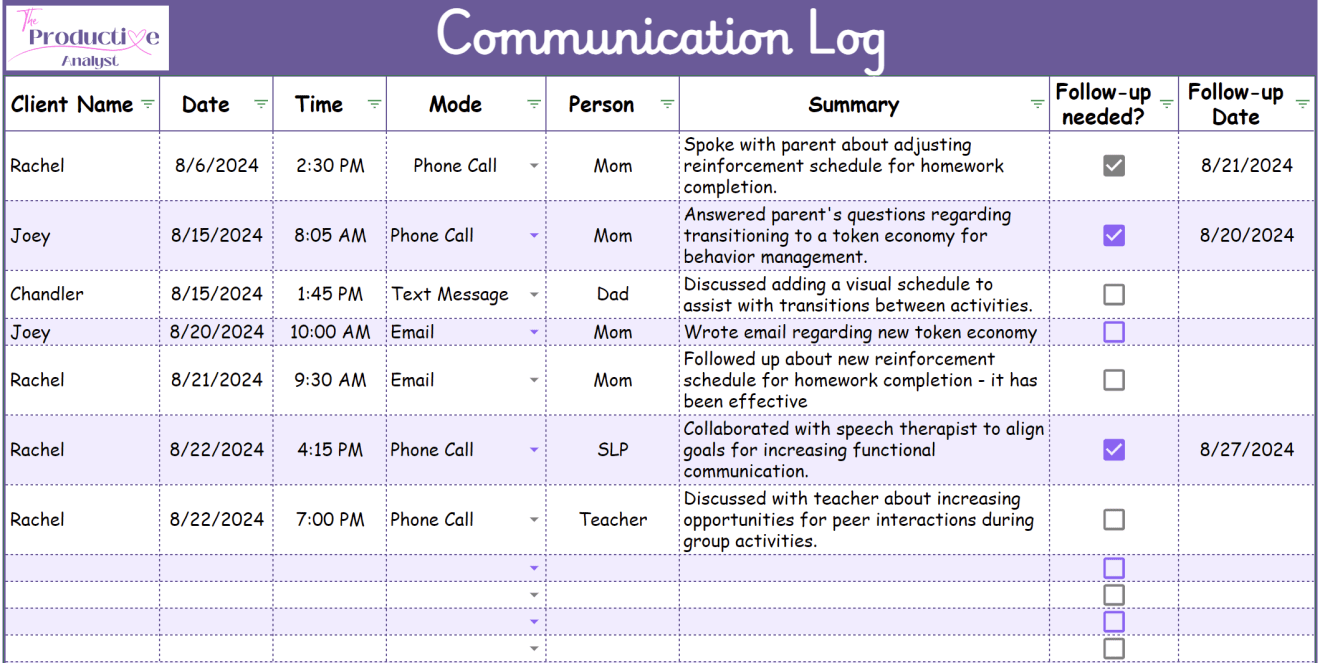 Simple Communication Log | Google Sheets Template for tracking client ...