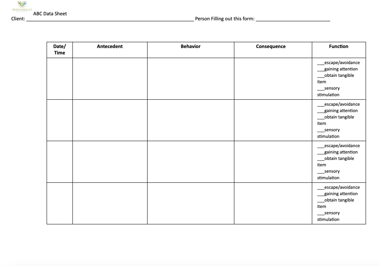 FILLABLE ABC Data Sheet Function (Blank) – Behavior Analyst Resource Center