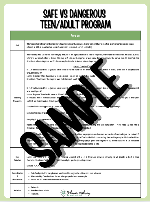 Safe Vs. Dangerous Teen/Adult Program – Behavior Analyst Resource Center