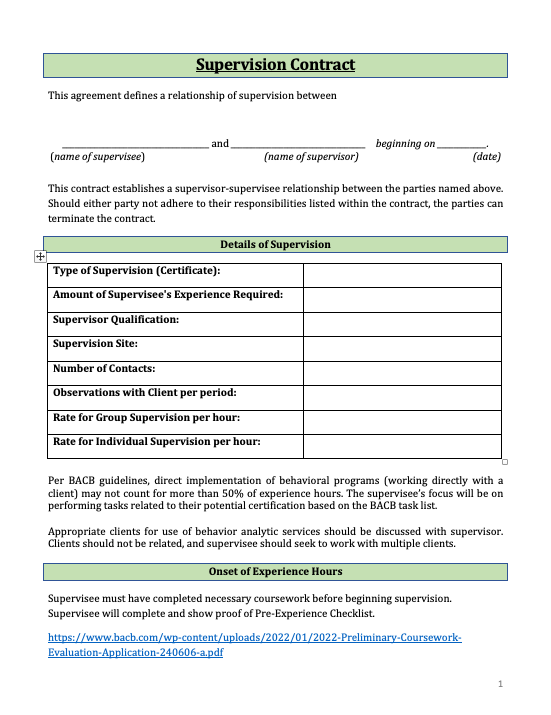 Supervision Contract – Behavior Analyst Resource Center