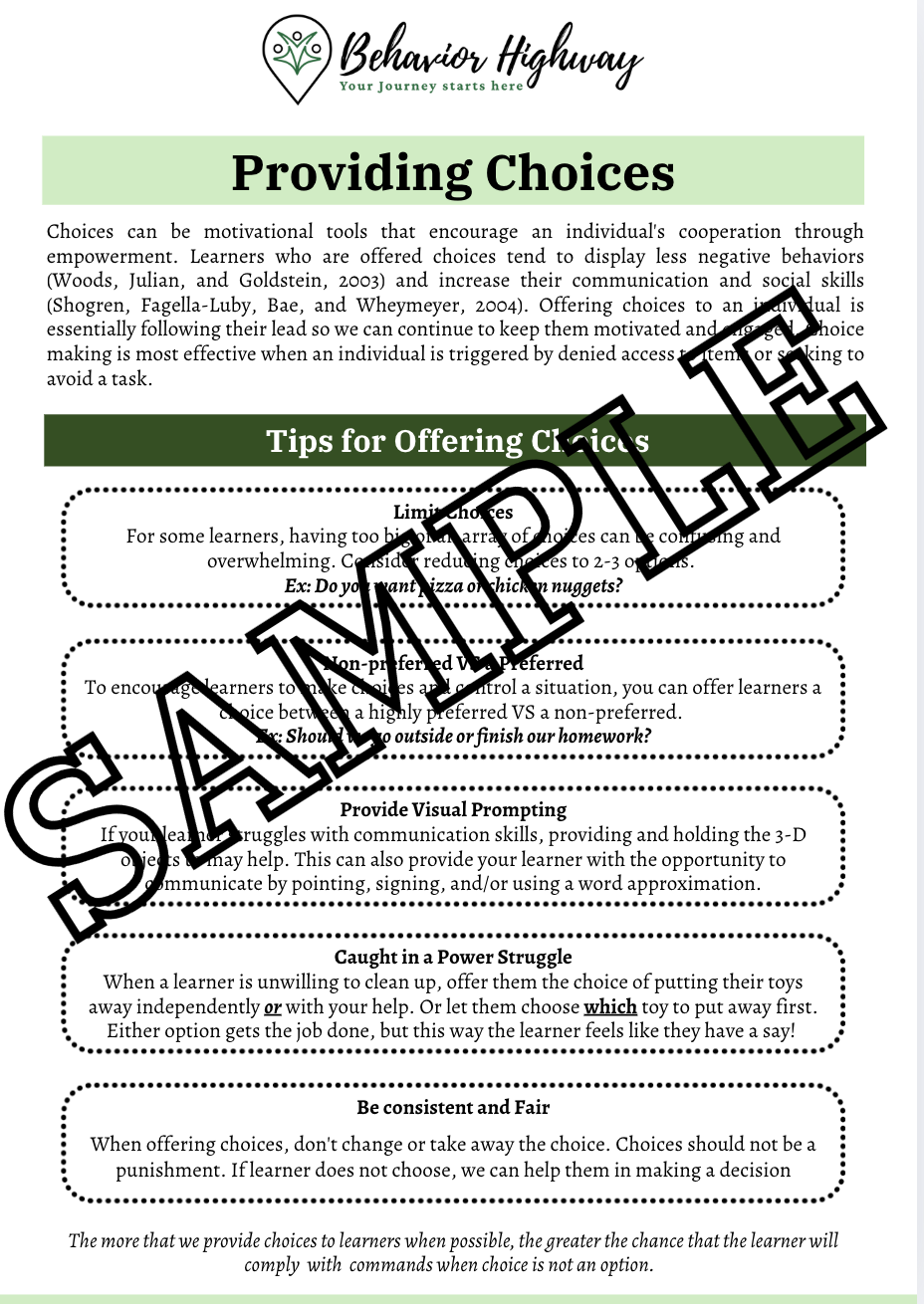 Providing Choices | ABA Parent Training Handout – Behavior Analyst ...